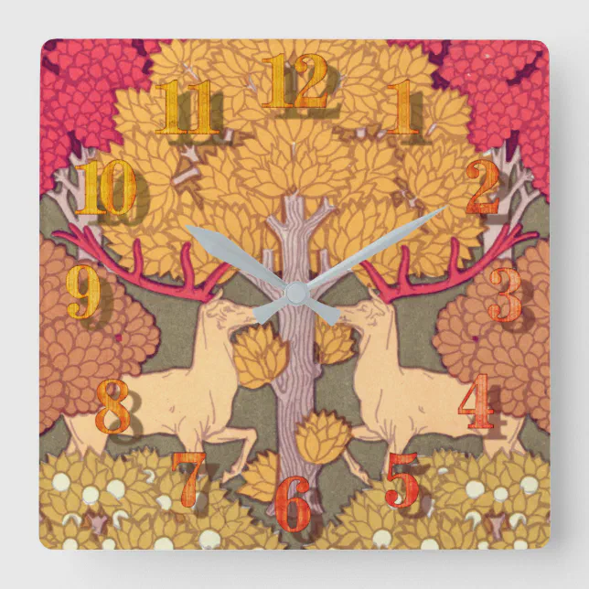 Art nouveau autumn trees and deer Vintage fall Square Wall Clock | Zazzle