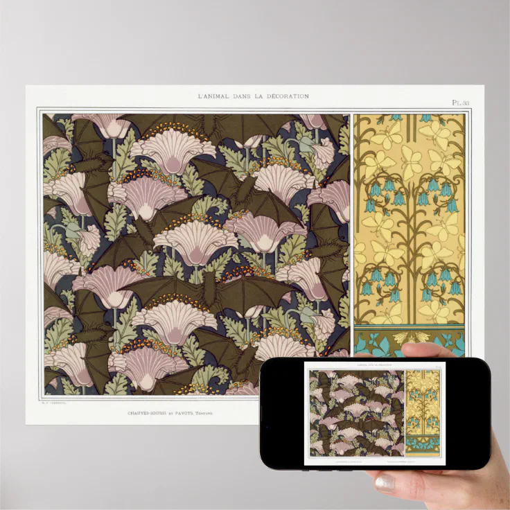 Art nouveau bats and campanulas floral textile art poster | Zazzle
