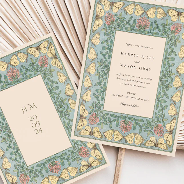 Art Nouveau Butterfly and Clover Wedding Invitation | Zazzle