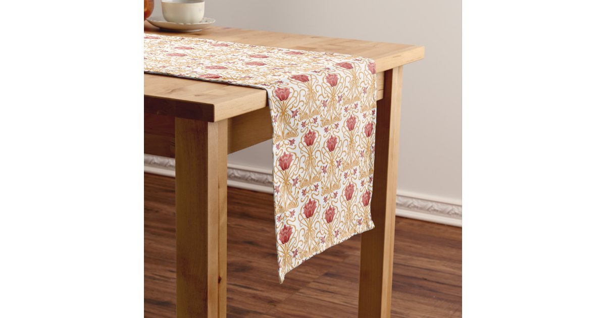 Art Nouveau flowers white Long Table Runner | Zazzle