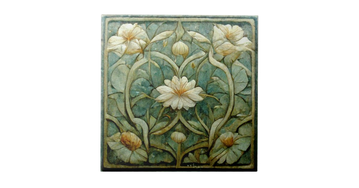 Art Nouveau, French White Floral, Decorative Blue Ceramic Tile | Zazzle