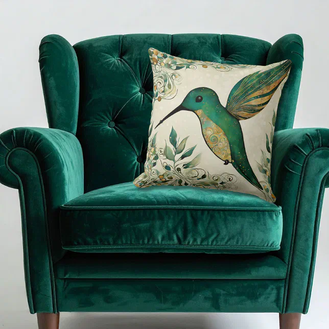 Art Nouveau Green Hummingbird Throw Pillow | Zazzle