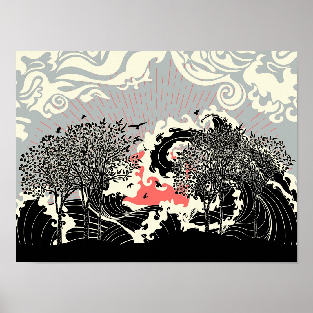 Art nouveau landscape with trees and ocean waves poster | Zazzle