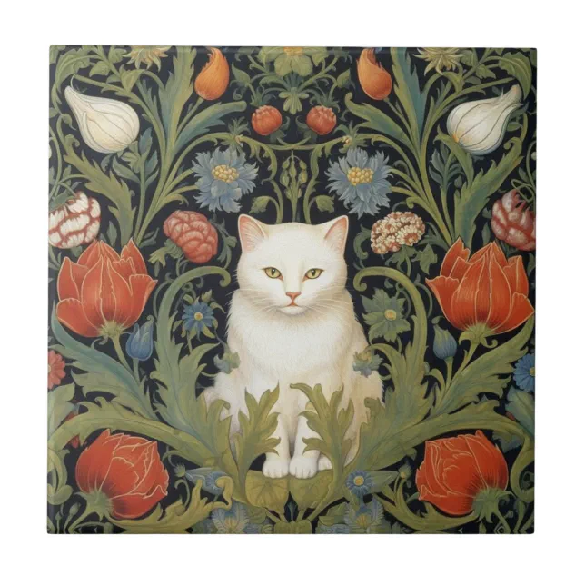 Art nouveau white cat in the garden ceramic tile | Zazzle