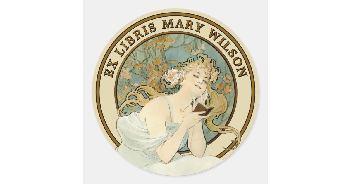 Art Nouveau Woman & Book Mucha Ex Libris Template Classic Round Sticker ...