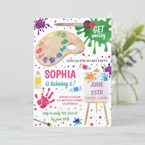 Art Party Messy Painting Girl Birthday Invitation | Zazzle