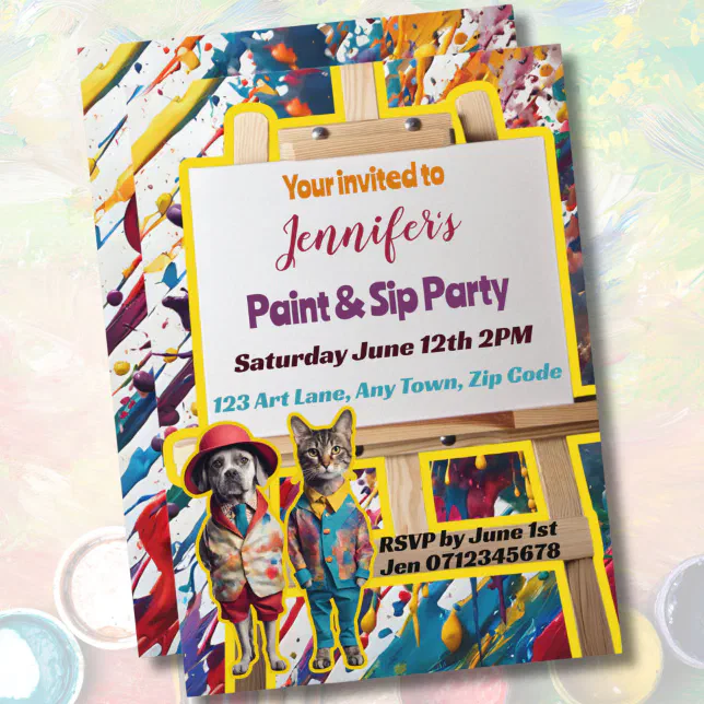 Art party Paint and Sip painting arty celebration Invitation | Zazzle