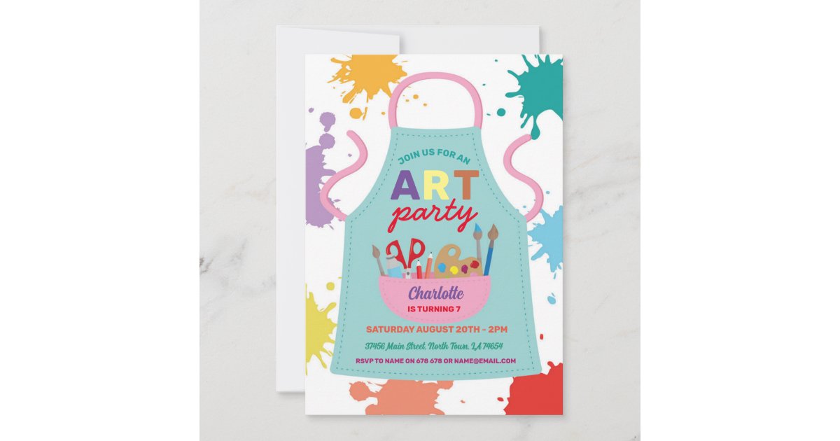 Art Party Painting Crafts Drawing Paint Apron Invitation | Zazzle