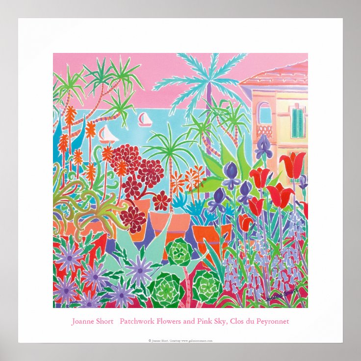 Art Poster: Patchwork Flowers & Pink Sky Poster | Zazzle