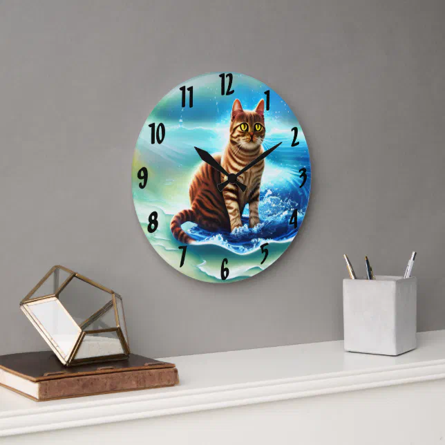 Artificial intelligence animal cat on water large clock | Zazzle