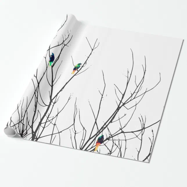 Artistic Bright Birds on Tree Branches Wrapping Paper | Zazzle