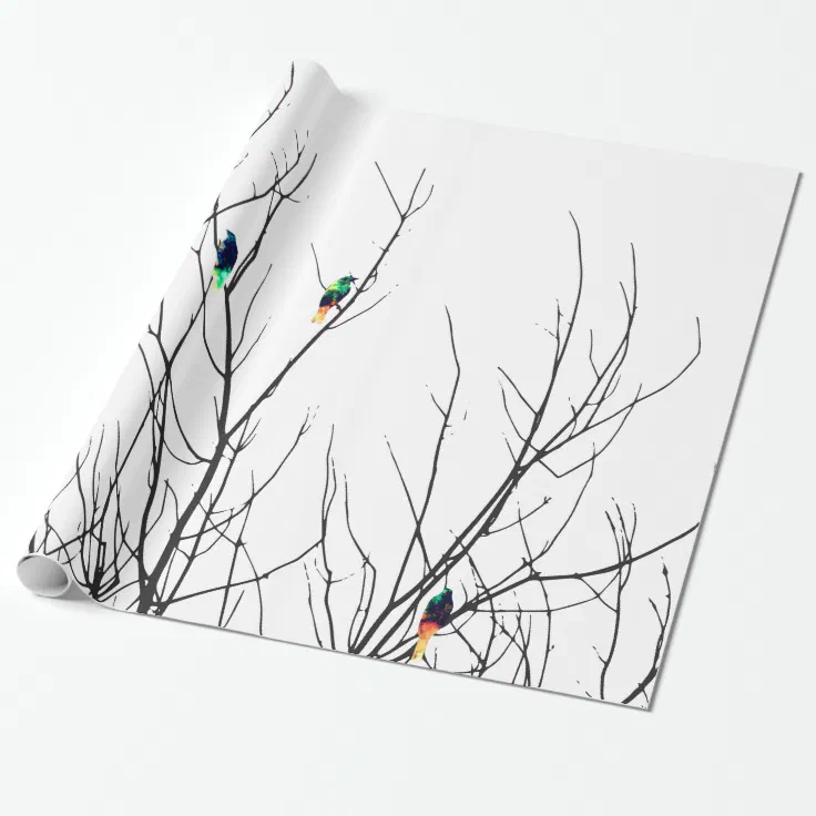 Artistic Bright Birds on Tree Branches Wrapping Paper | Zazzle
