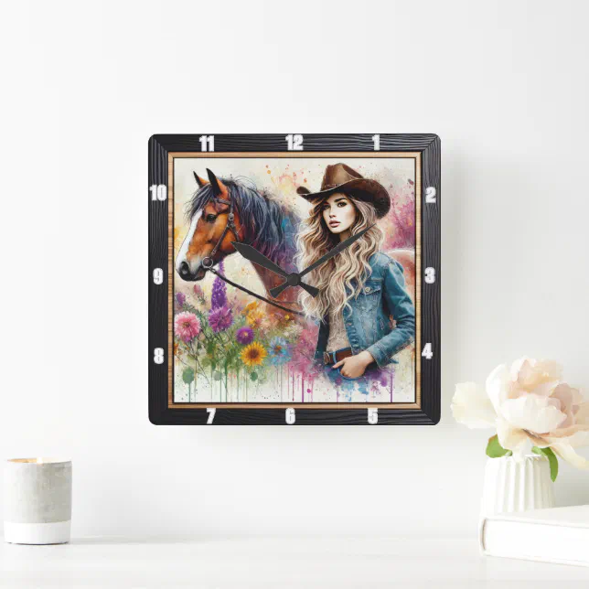 Artistic Cowgirl and Horse with Vibrant Floral Square Wall Clock | Zazzle