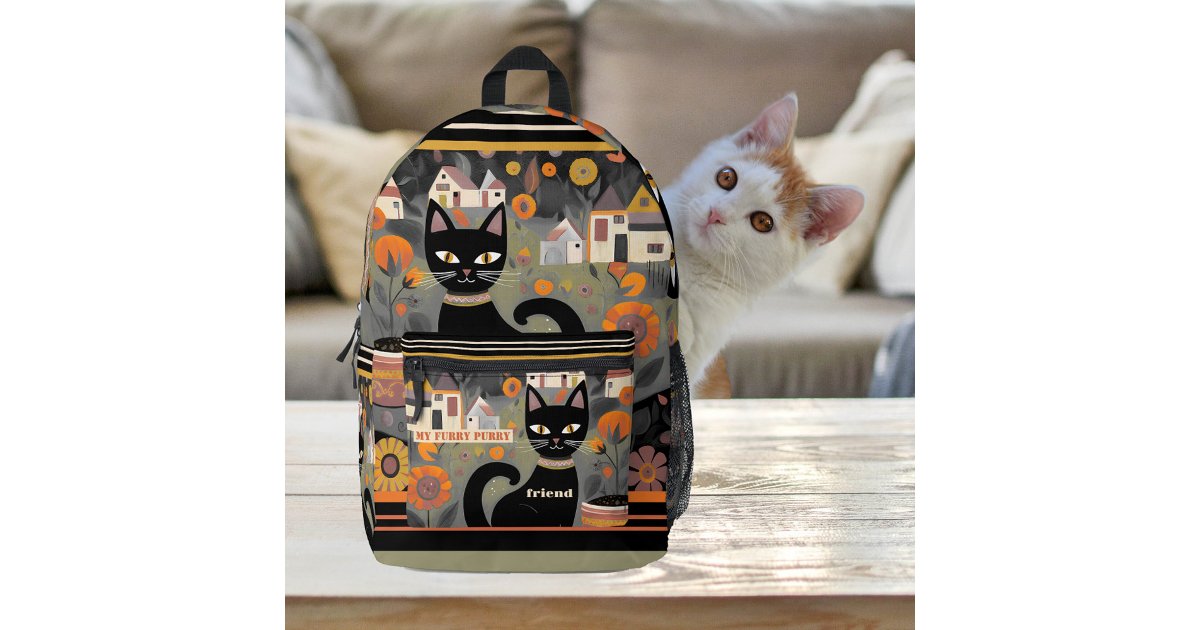 Artistic Cute Black Cat Printed Backpack | Zazzle