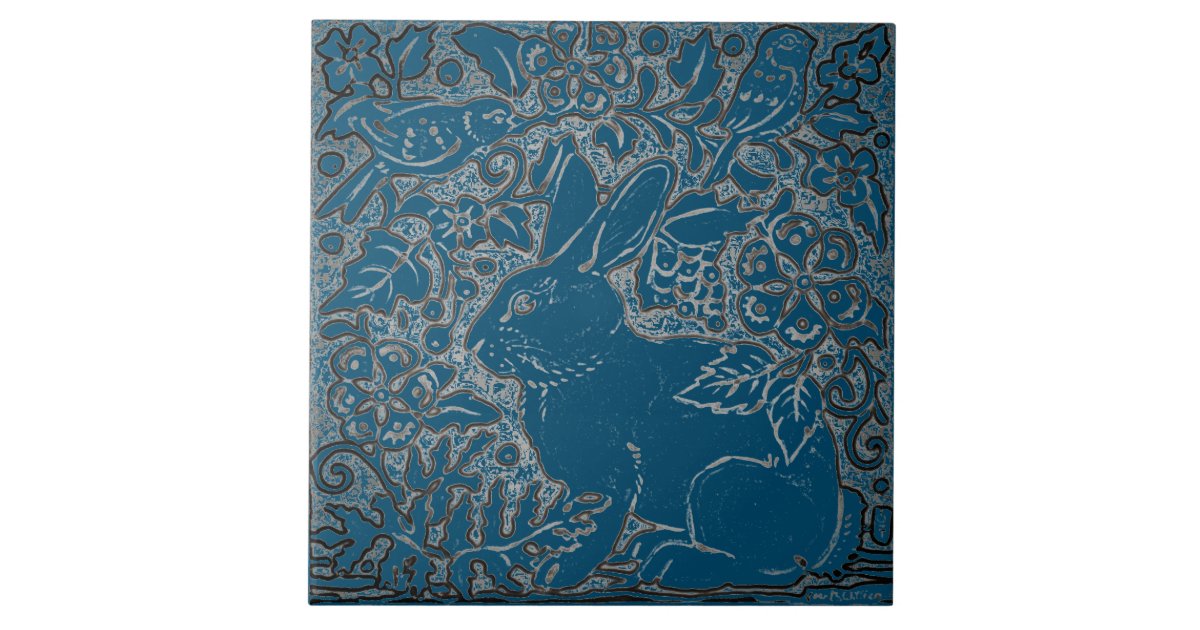 Artistic Teal Rabbit Bird Animal Floral Foliage Ceramic Tile | Zazzle