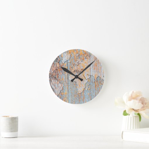 Artistic wooden world map round clock | Zazzle