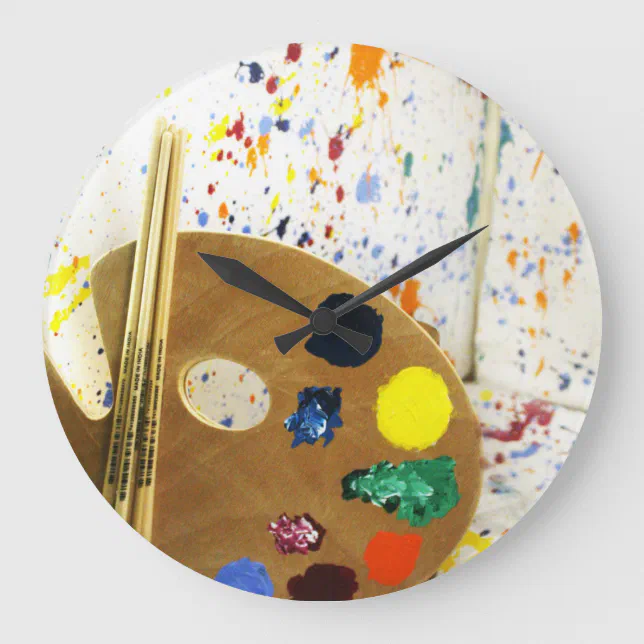 Artists Paint Splatter And Palette of Paint Large Clock | Zazzle