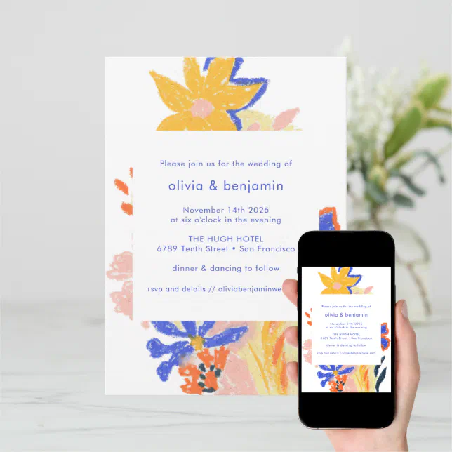 Artsy Abstract Floral Unique Colorful Wedding Invitation | Zazzle