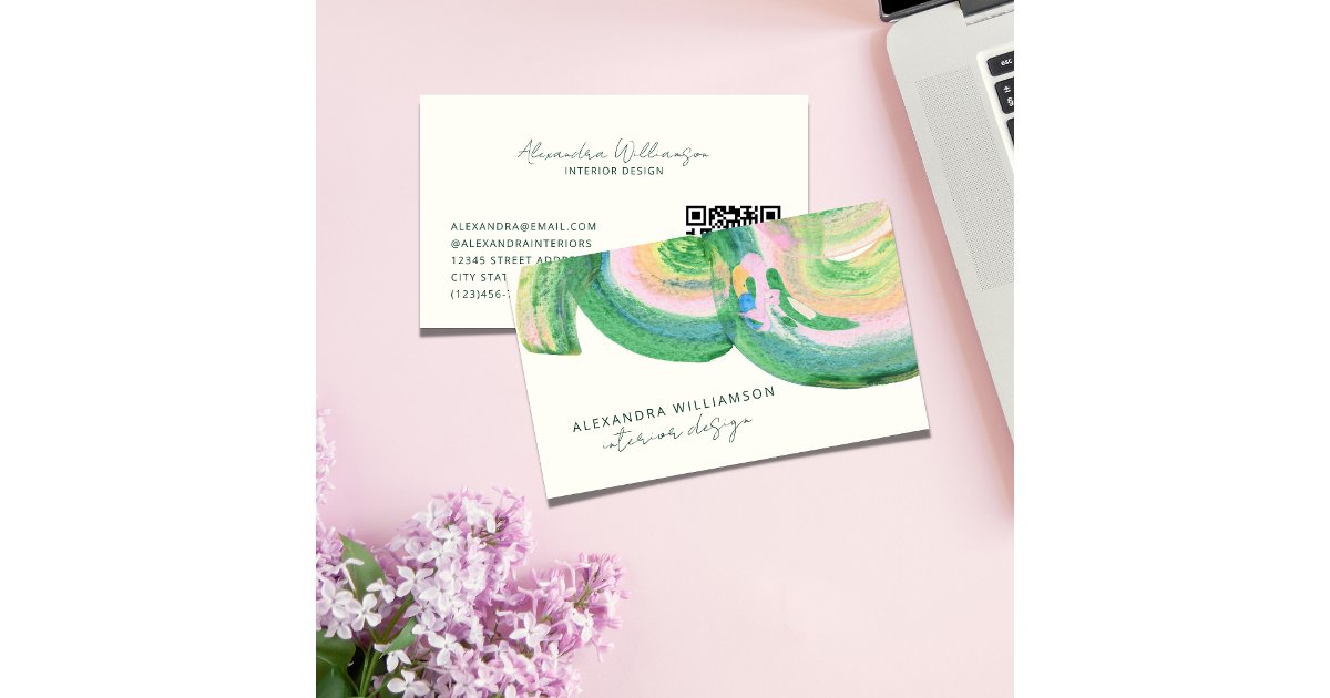 Artsy Abstract Green Watercolor Marble QR Code Business Card | Zazzle
