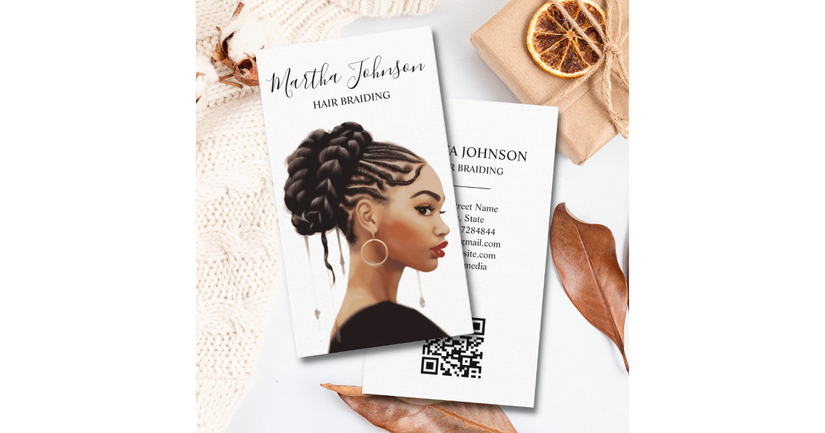 Artsy Chic Afro American Braids Braiding QR Code Business Card | Zazzle