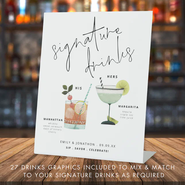 Artsy Choice of Cocktails Script Signature Drinks Pedestal Sign | Zazzle