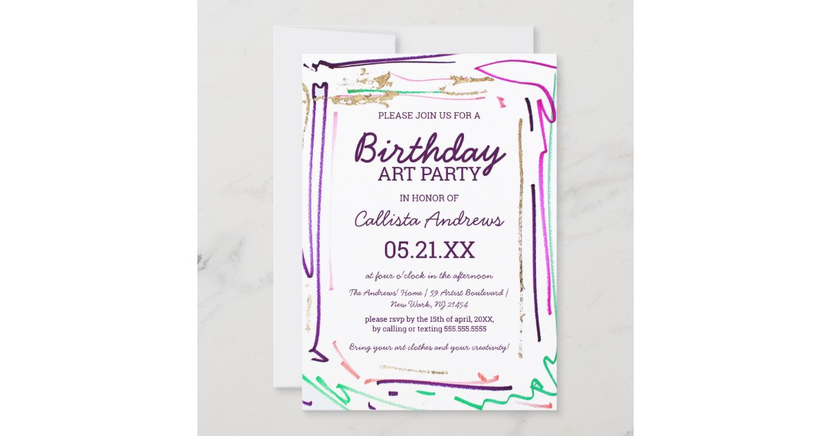 Artsy Colorful Gold Action Art Party Birthday Invitation | Zazzle