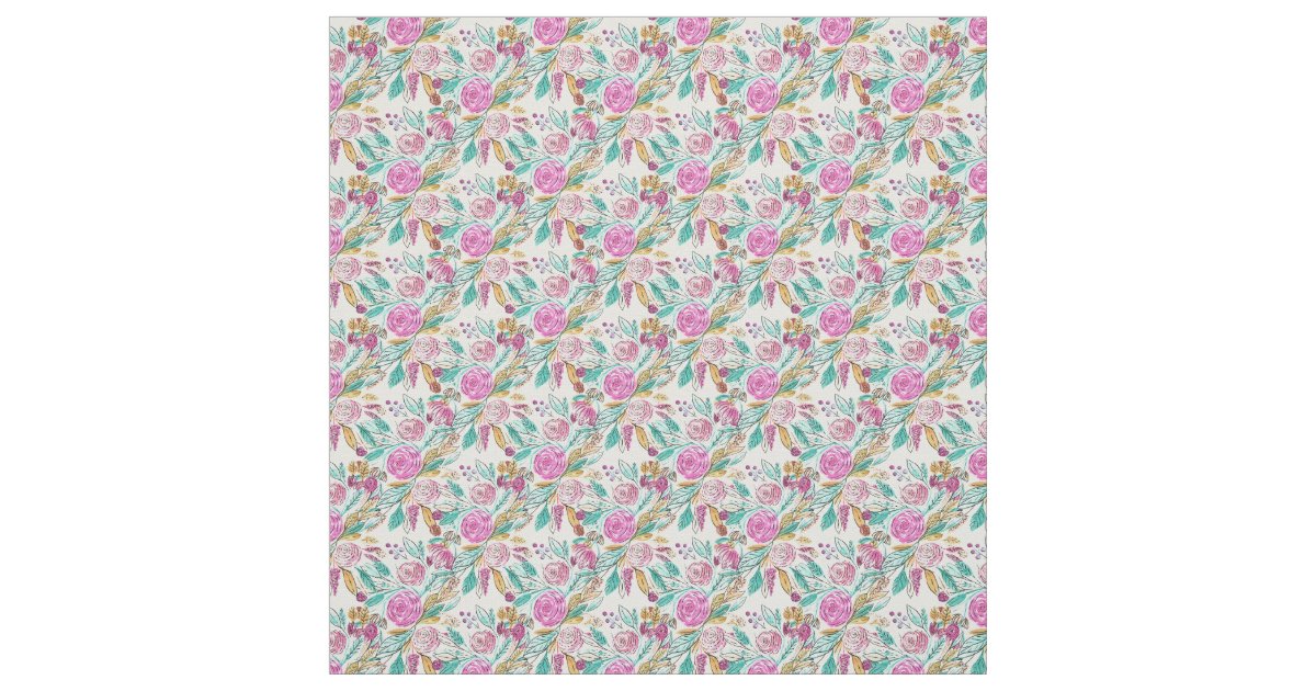 Artsy Elegant Pink Teal Floral Watercolor Pattern Fabric | Zazzle