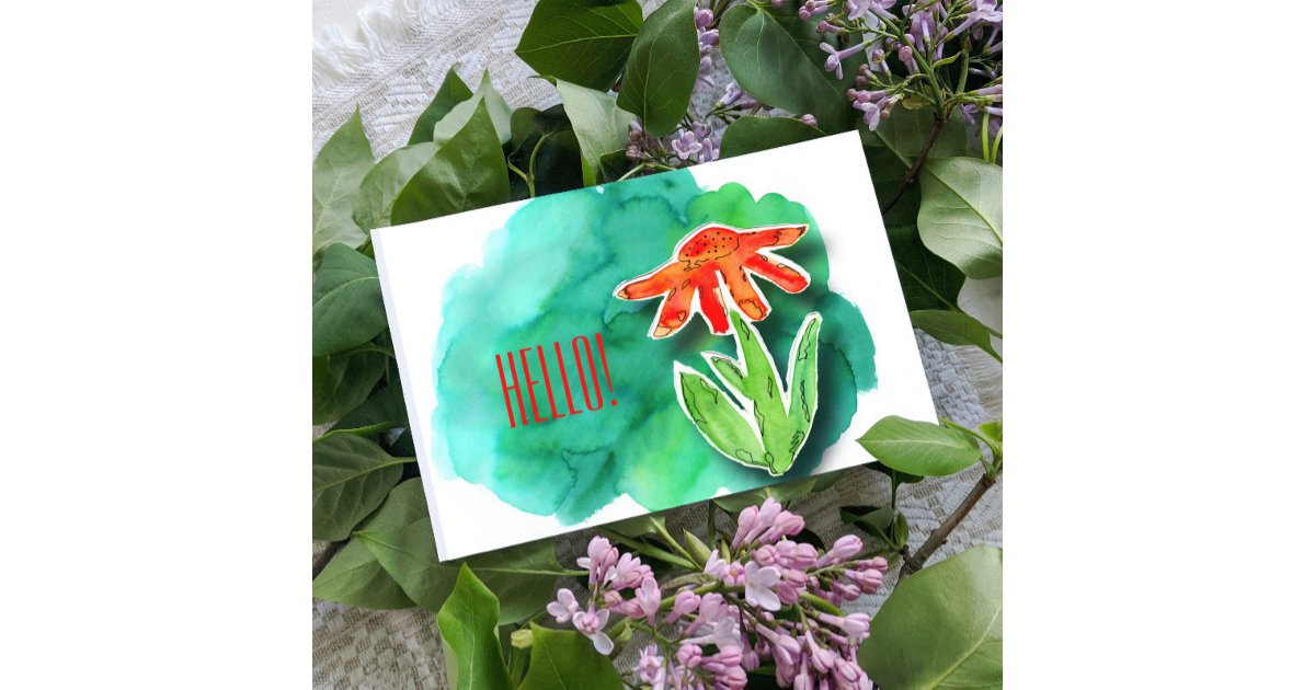 Artsy Floral Hello Green Watercolor Postcard | Zazzle