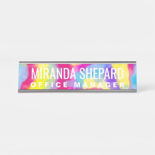 Artsy Modern Neon Colorful Rainbow Watercolor Desk Name Plate | Zazzle