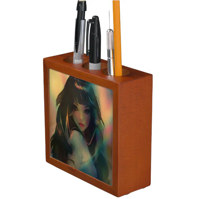 Artwork of Anime Girl Surrounded by Rainbow Light Desk Organizer | Zazzle