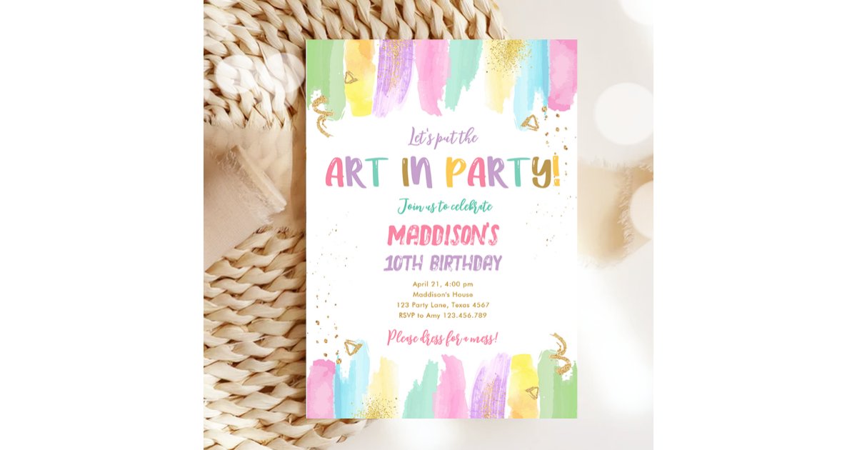 Arty in Party Brushes Craft Painting Girl Birthday Invitation | Zazzle