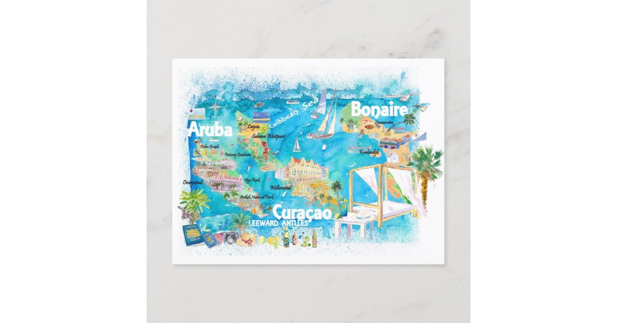 Aruba Bonaire Curacao Illustrated Islands Travel Postcard | Zazzle
