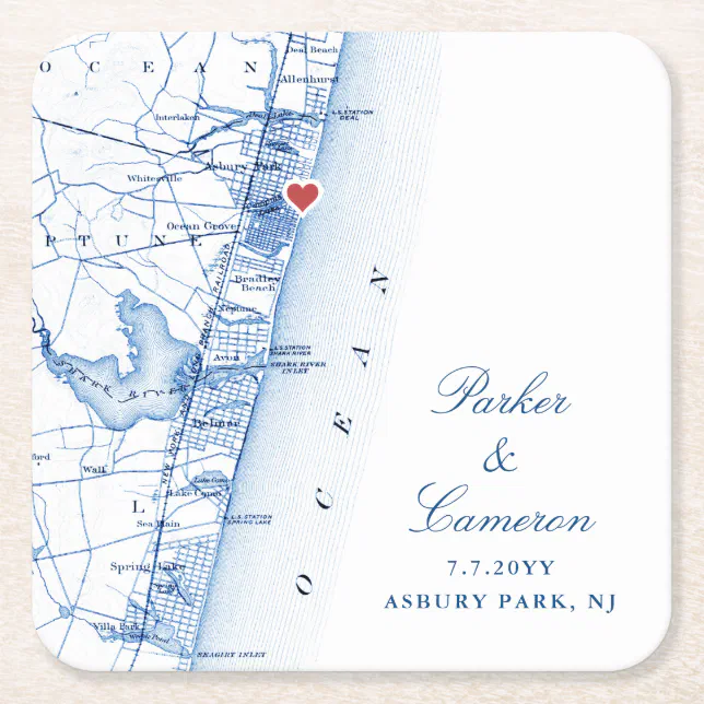 Asbury Park NJ Map Wedding Favor Navy Blue Square Paper Coaster | Zazzle