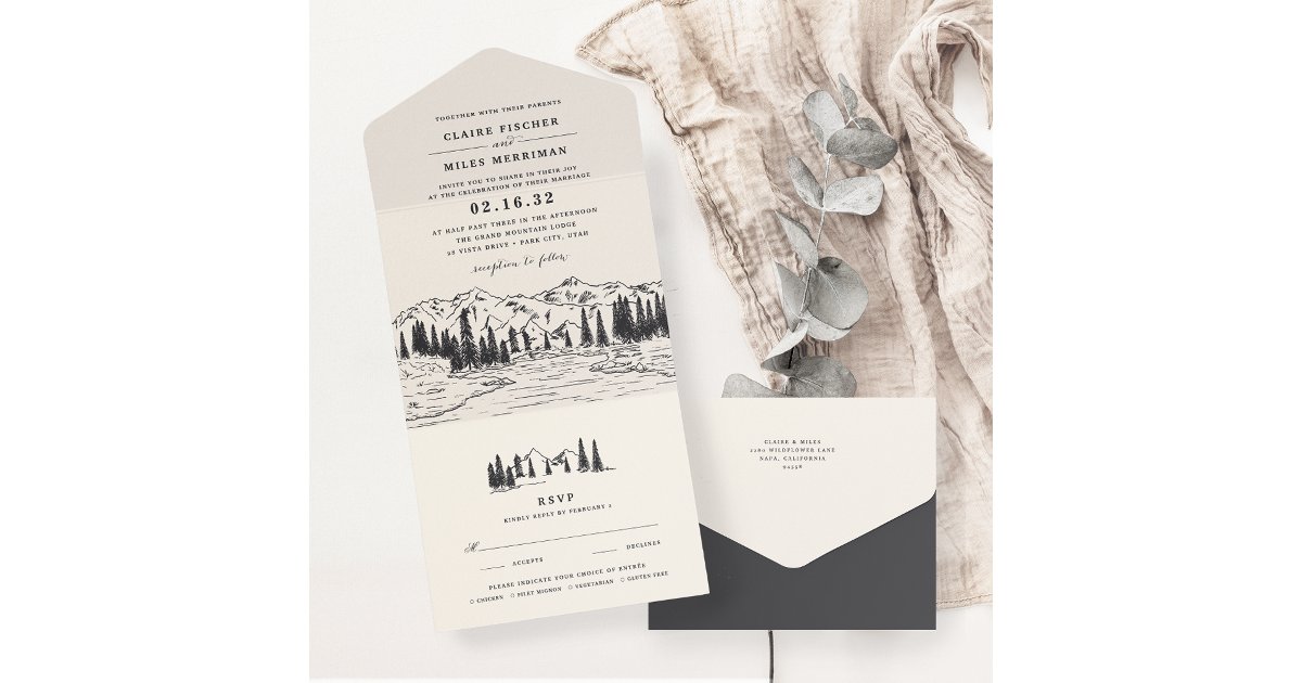 Ash Black | Mountain Sketch Wedding All In One Invitation | Zazzle