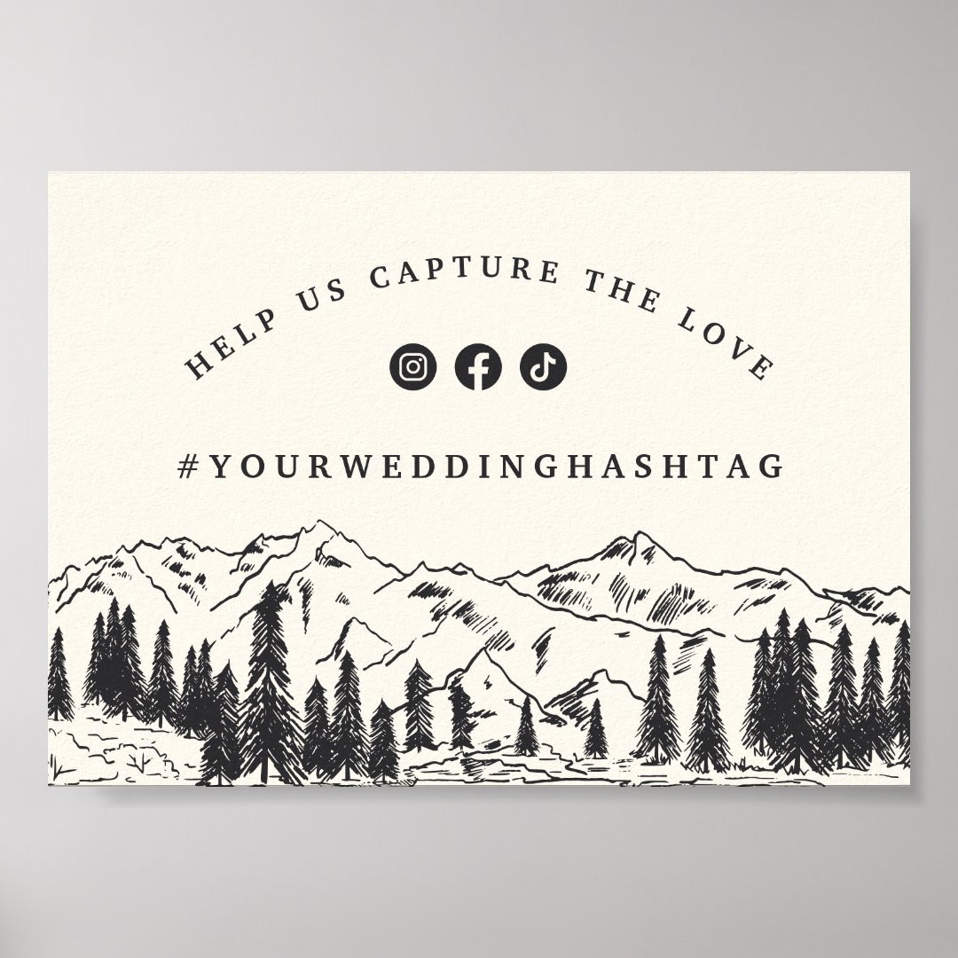 Ash Black | Mountain Sketch Wedding Hashtag Sign | Zazzle