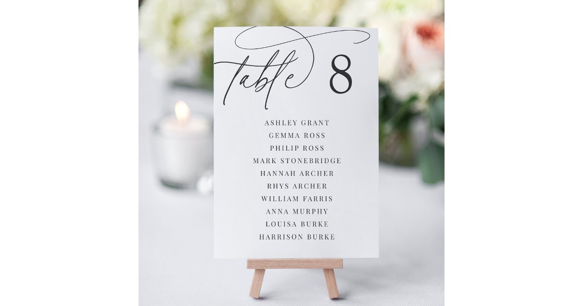 Ash Black + White | Table Number + Guest Names | Zazzle