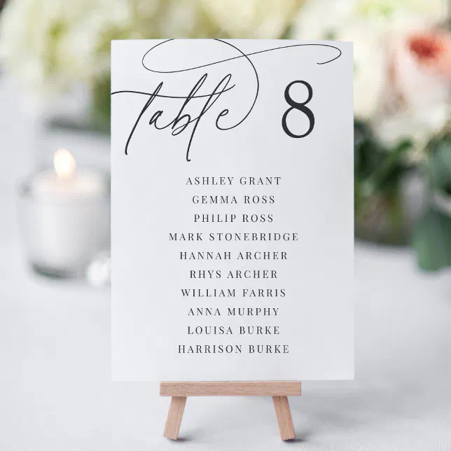 Ash Black + White | Table Number + Guest Names | Zazzle