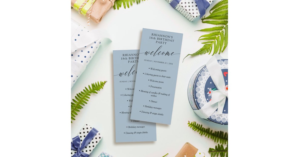 Ash Blue Delicate Calligraphy Birthday Party Program | Zazzle