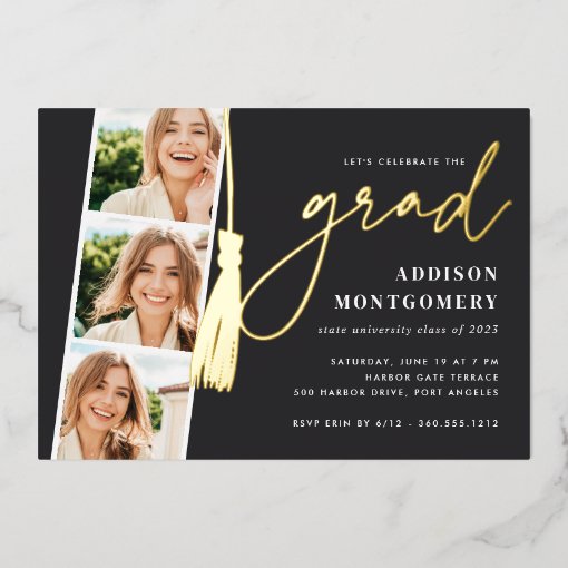 Ash | Gold Tassel Photo Strip Graduation Party Foil Invitation | Zazzle