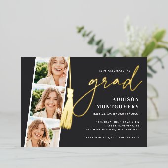 Ash | Gold Tassel Photo Strip Graduation Party Foil Invitation | Zazzle