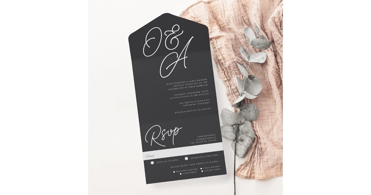 Ash | Script Watermark Monogram Wedding All In One Invitation | Zazzle