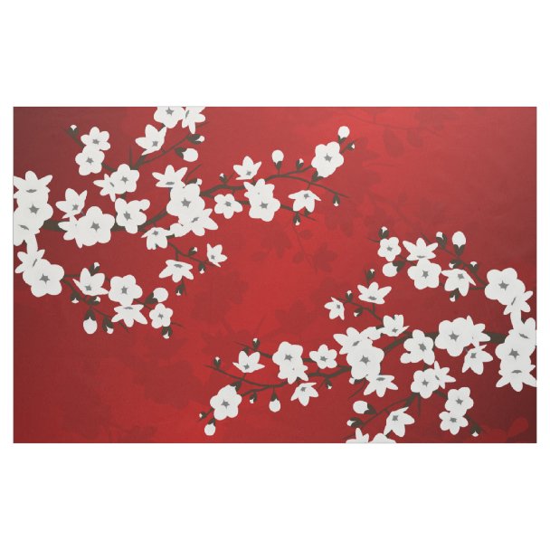 Red And White Cherry Blossom Pattern Fabric | Zazzle.com