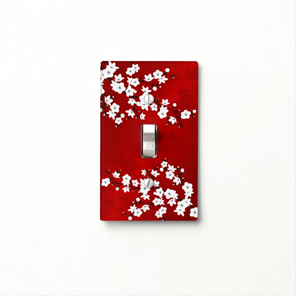 Asia Floral White Cherry Blossom Red Light Switch Cover Single Rocker ...