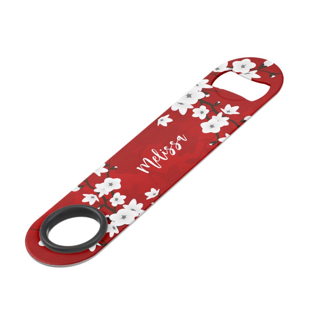 Asia Floral White Cherry Blossom Red Monogram Bar Key sold by Maggie ...