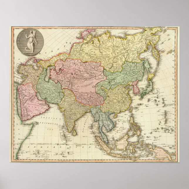 Asia Hand Colored Map Poster | Zazzle