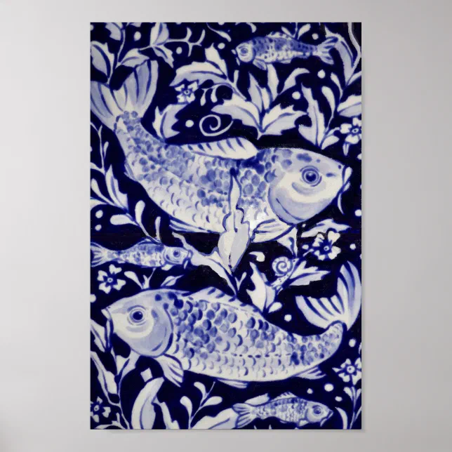 Asian Blue & White Koi Fish Pond Chinoiserie Art Poster | Zazzle