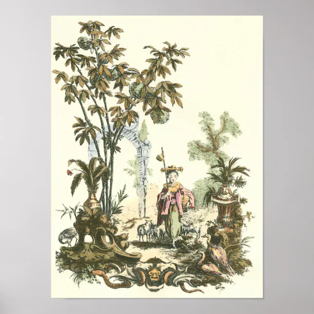 Asian Garden with Woman and Animals Poster | Zazzle
