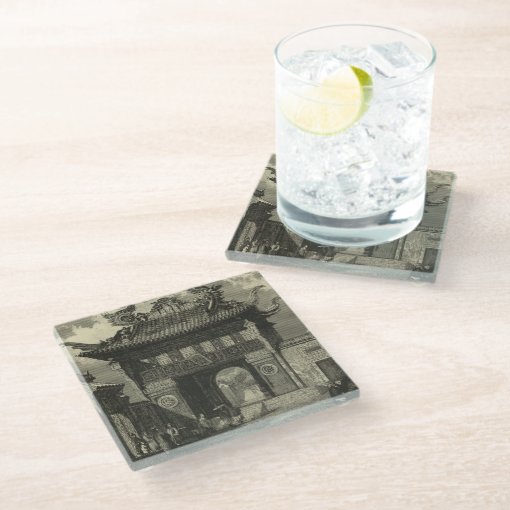Asian Imperial Temple in Black & White Glass Coaster | Zazzle