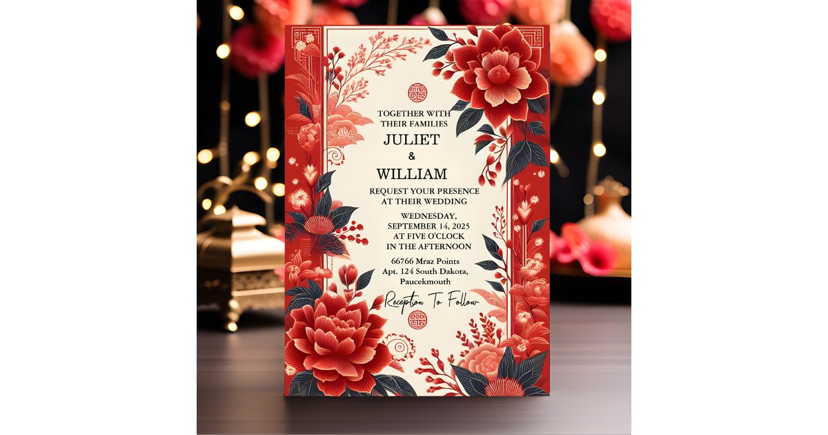 Asian Modern Floral Chinese Bilingual Wedding Invitation | Zazzle