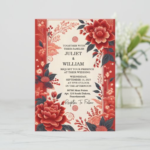 Asian Modern Floral Chinese Bilingual Wedding Invitation | Zazzle